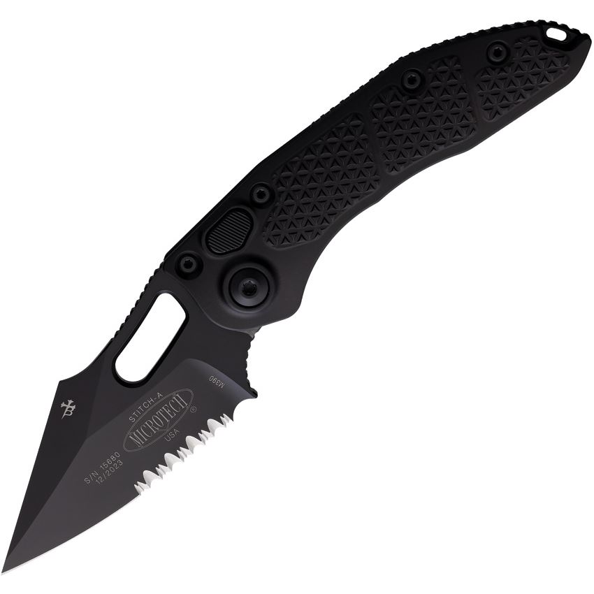 Microtech 1692T Auto Stitch Black Part Serrated Single Edge Button Lock ...